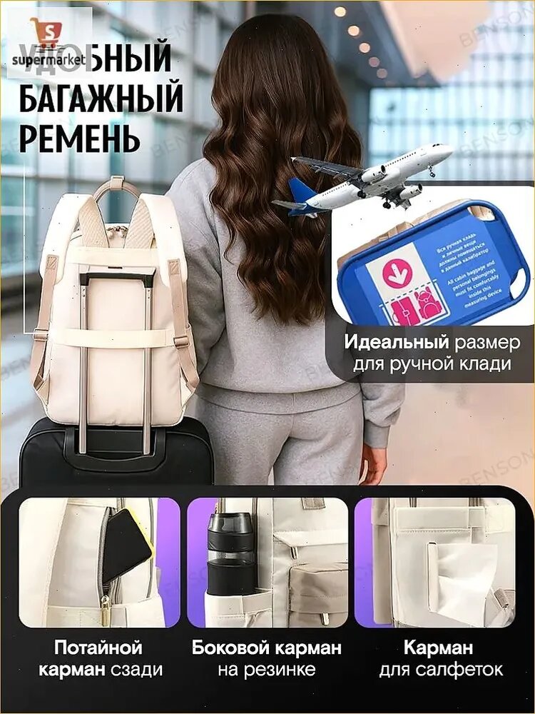 Рюкзак для ноутбука 15.6 дюймов, водоотталкивающий материал, 28 литров, черный и бежевый цвет. Идеален для ручной клади — фото 1