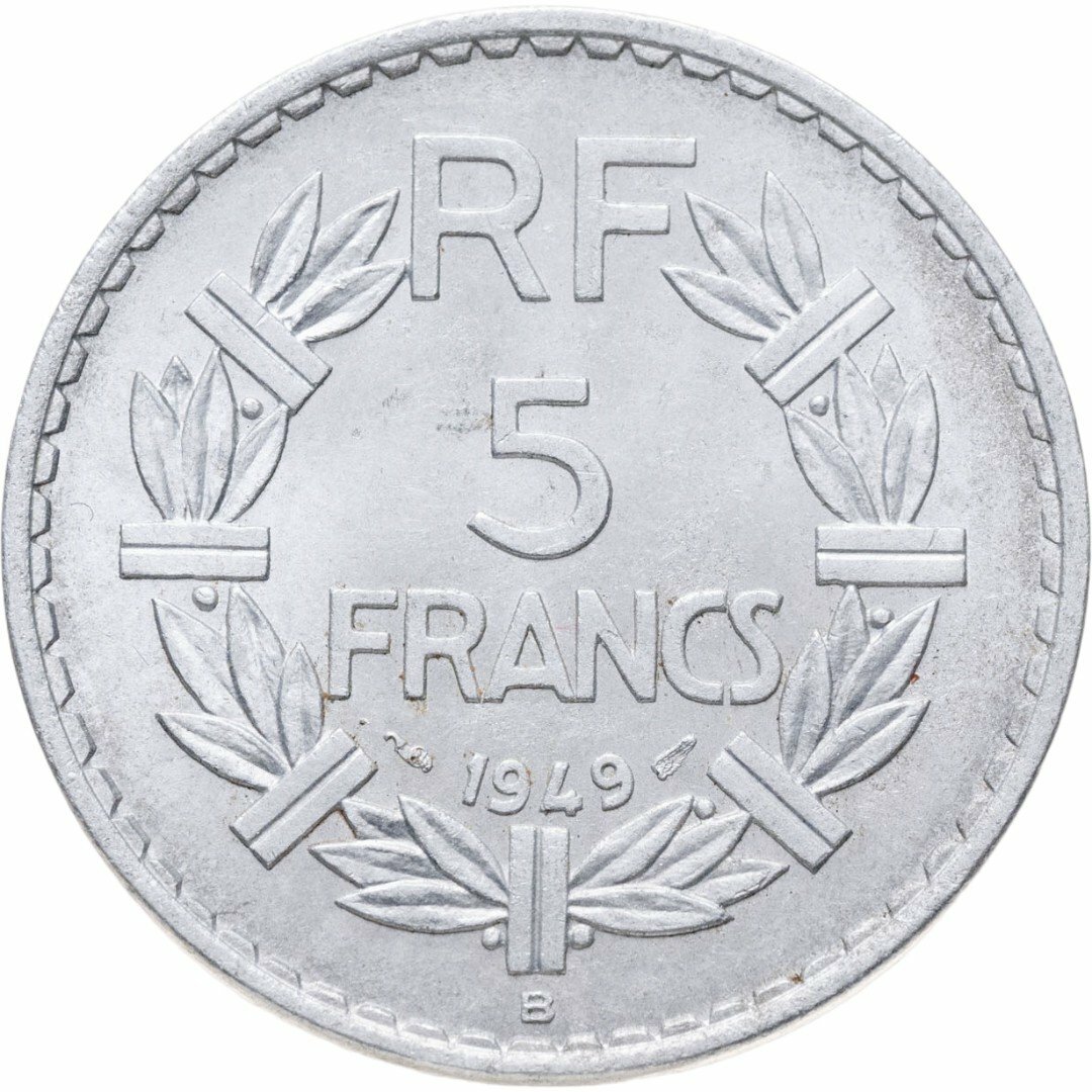 Франция 5 франков francs 1949 B знак монетного двора: "B" - Бомон-ле-Роже, Алюминий, в сохранности VF