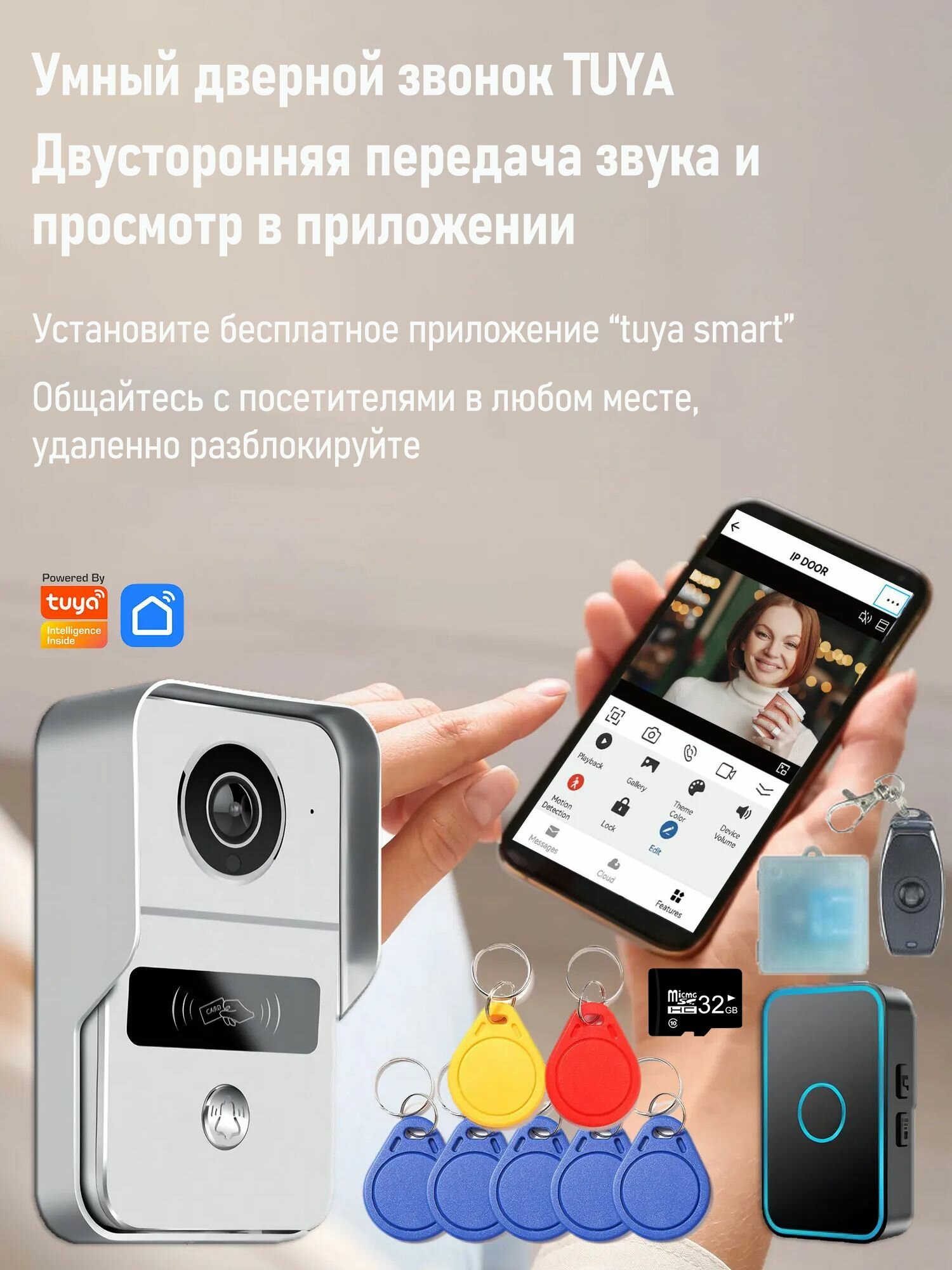 Умный беспроводной WiFi видеодомофон Tuya Smart с камерой 1080P, датчиком движения, сигнализацией и дистанционной разблокировкой