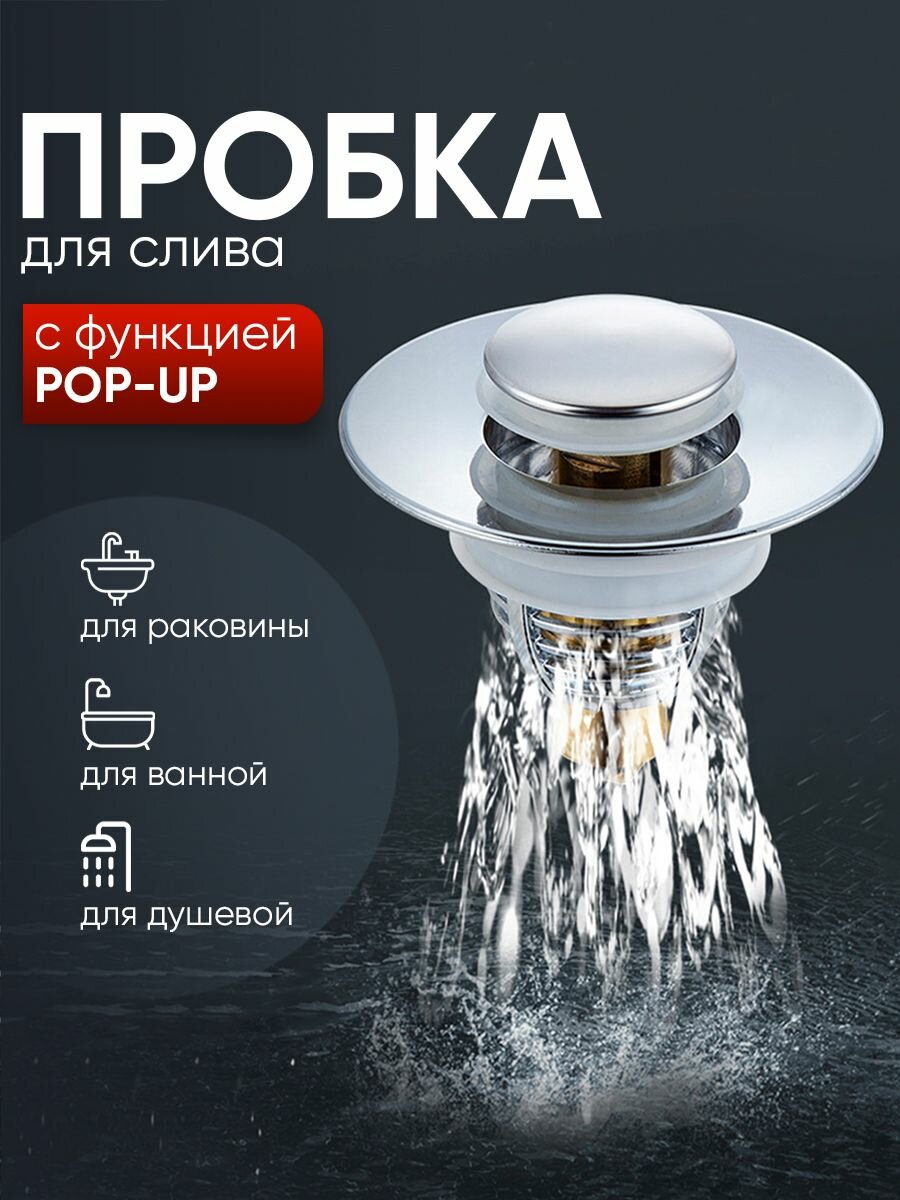 Пробка, заглушка для ванны, душевой, раковины, 3,2-4,0 см