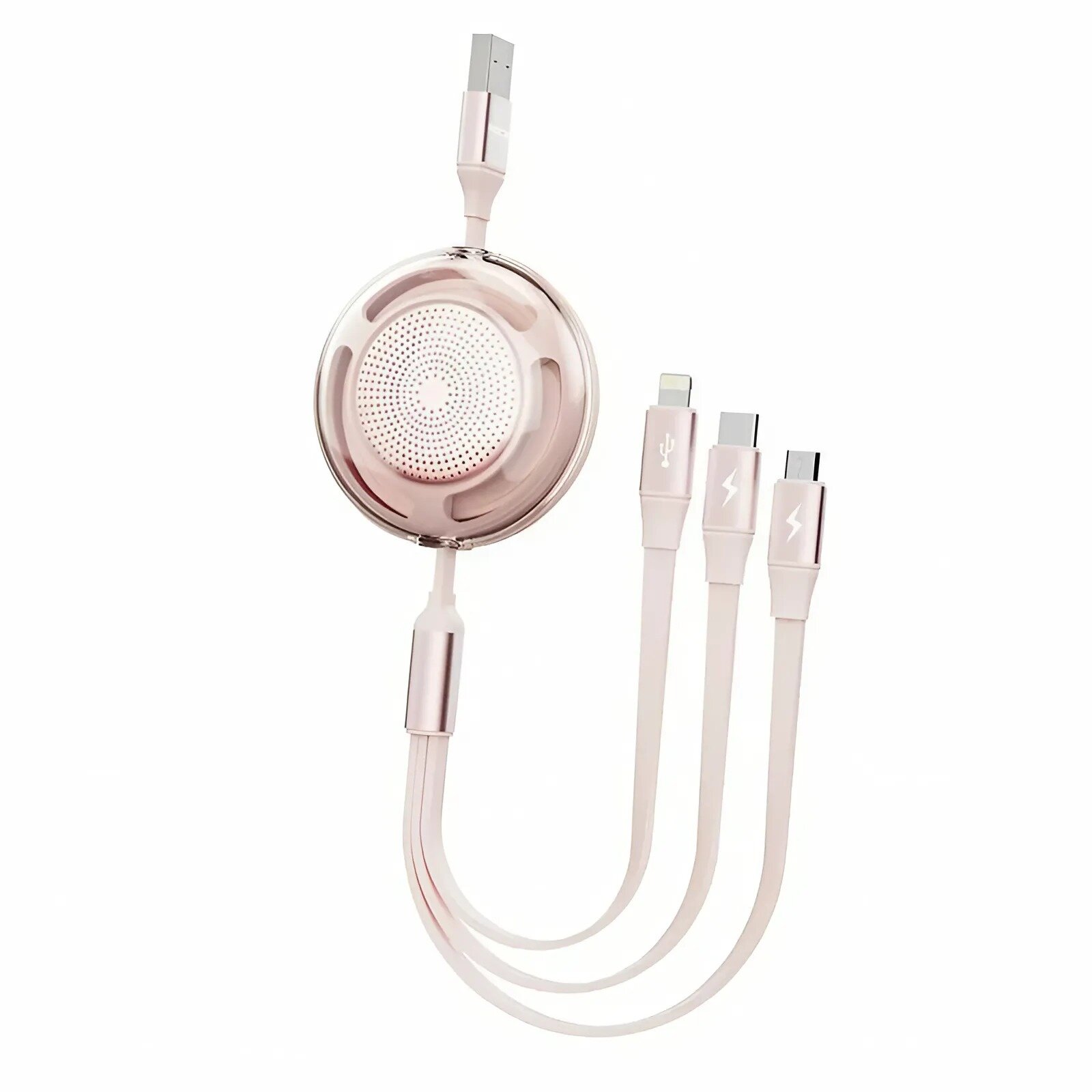 Зарядный кабель выдвижной 3 в 1 ROCK Honeycomb Series USB A TO L+M+C 3.5A Retractable Data Cable розовый