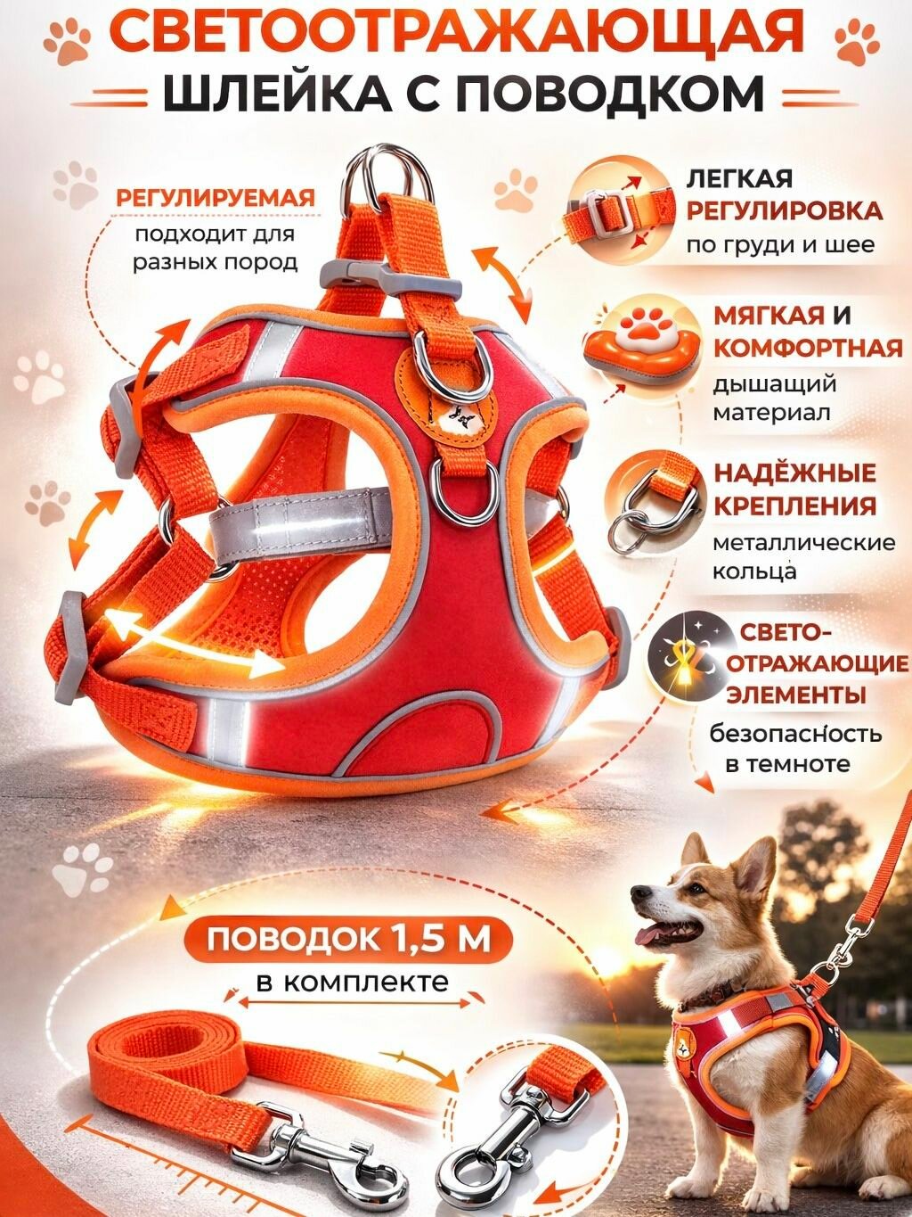 Поводок с шлейкой светоотражающий для собак и кошек