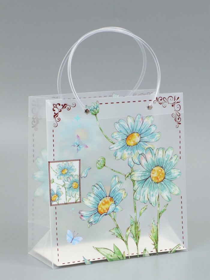 Пакет подарочный прозрачный «Ромашки-васильки», 22×10×24 см