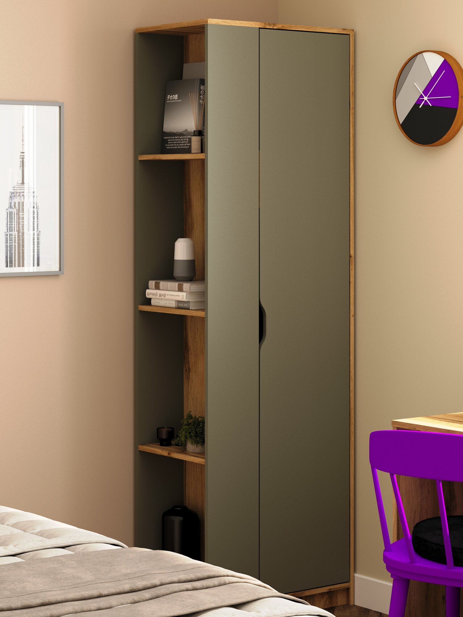 Есэндвич Ричи Шкаф с полками и штангой 60х190х40 см правый (Дуб вотан/Хаки)