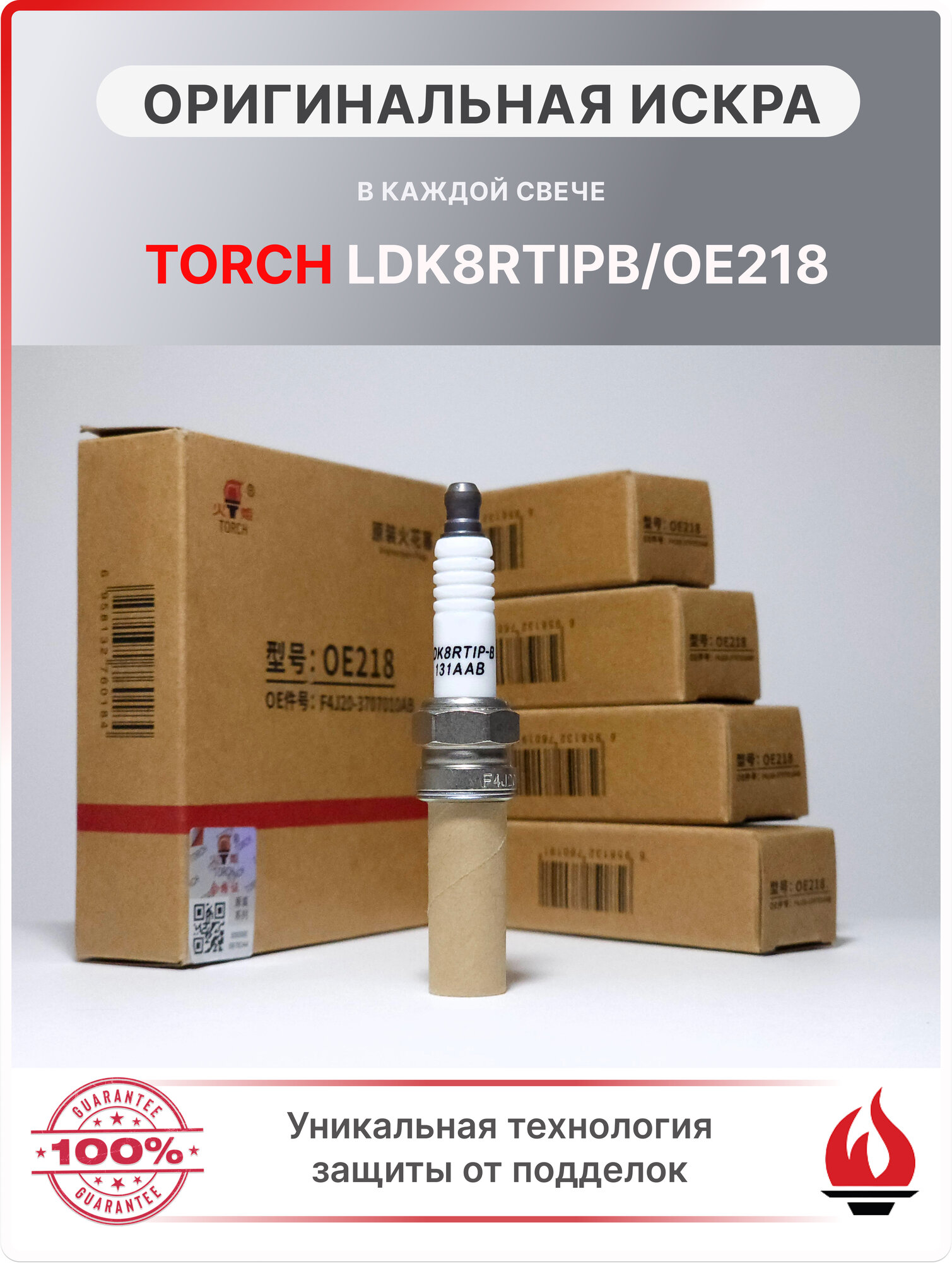 Иридиевые свечи зажигания Torch LDK8RTIPB/OE218 для Chery Arrizo, Tiggo 9. Оригинал.