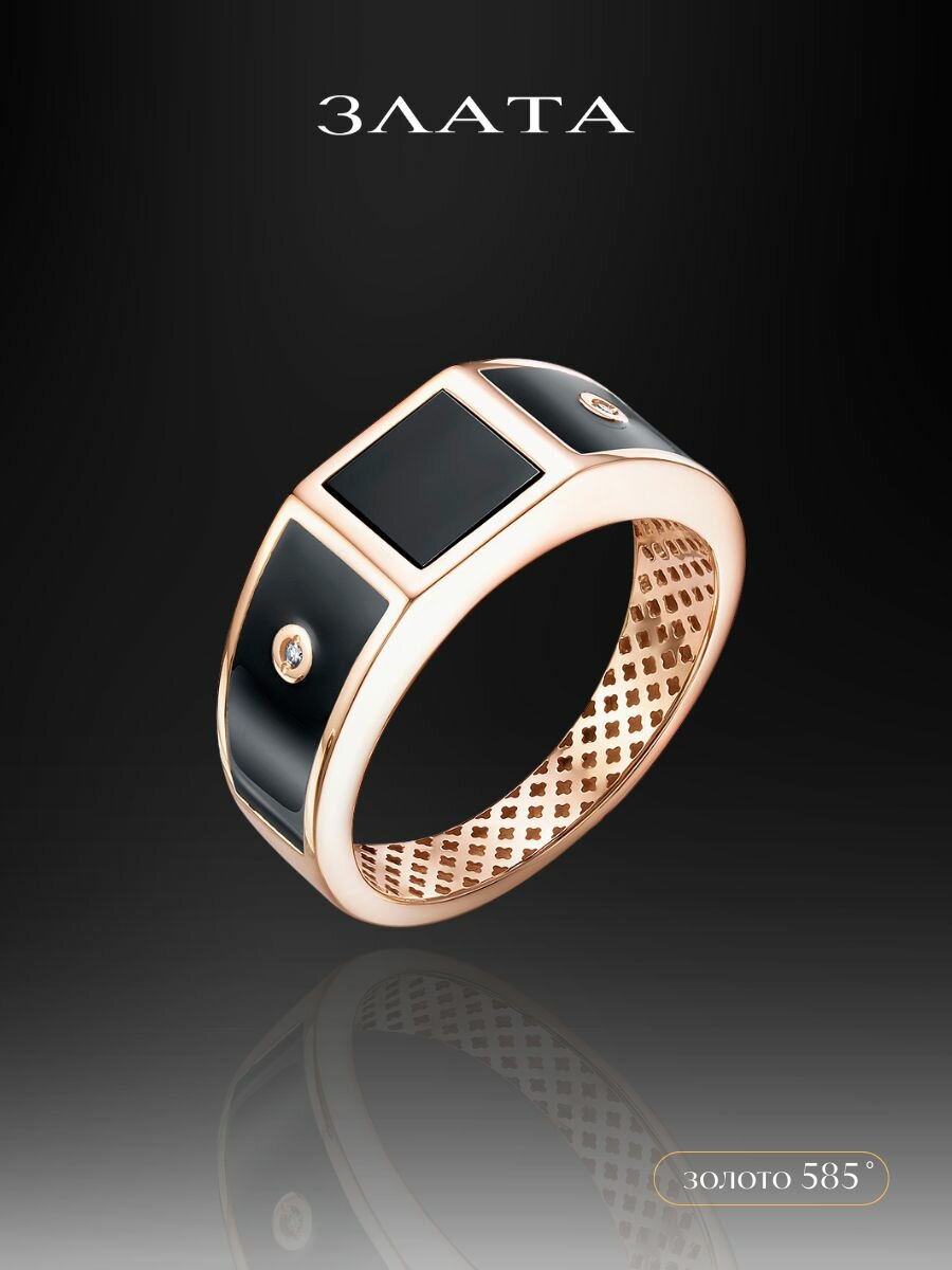 Печатка, красное золото, 585 проба, эмаль, оникс, фианит