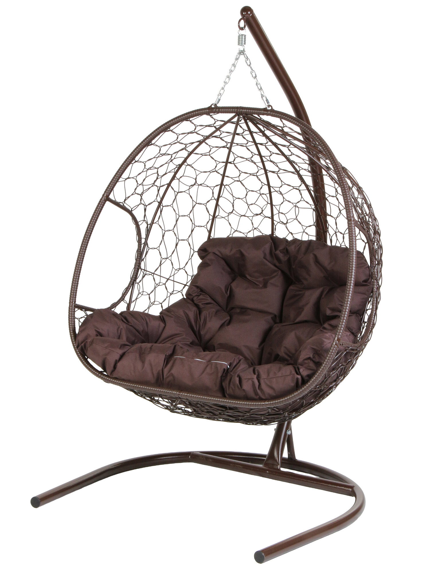 Подвесное кресло-кокон двухместное из ротанга со стойкой и коричневой подушкой, 193х126х73 см, нагрузка до 160 кг.