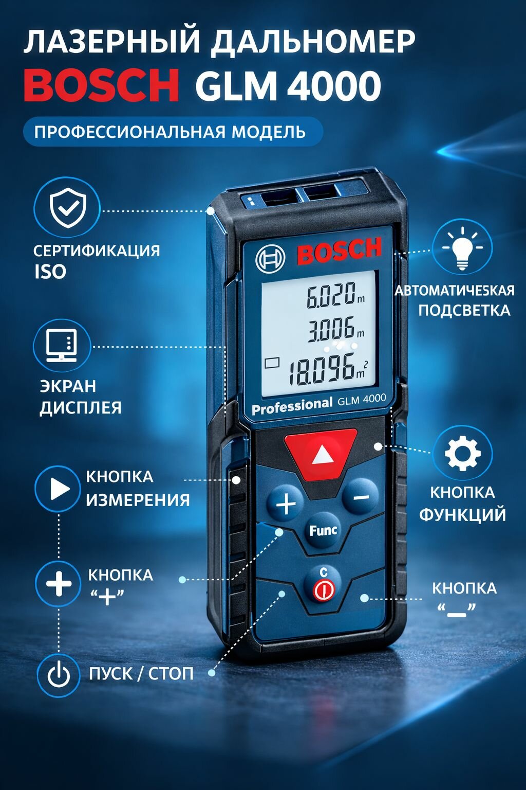 Лазерный дальномер Bosch GLM-400 40 метров дальности измерения с цветным дисплеем