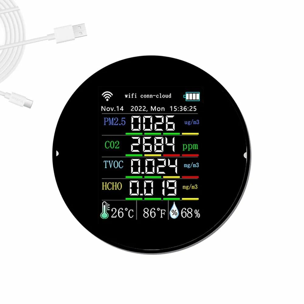 Портативный измеритель качества воздуха Tuya Wifi 7in1 PM2.5 CO2 TVOC HCHO AQI