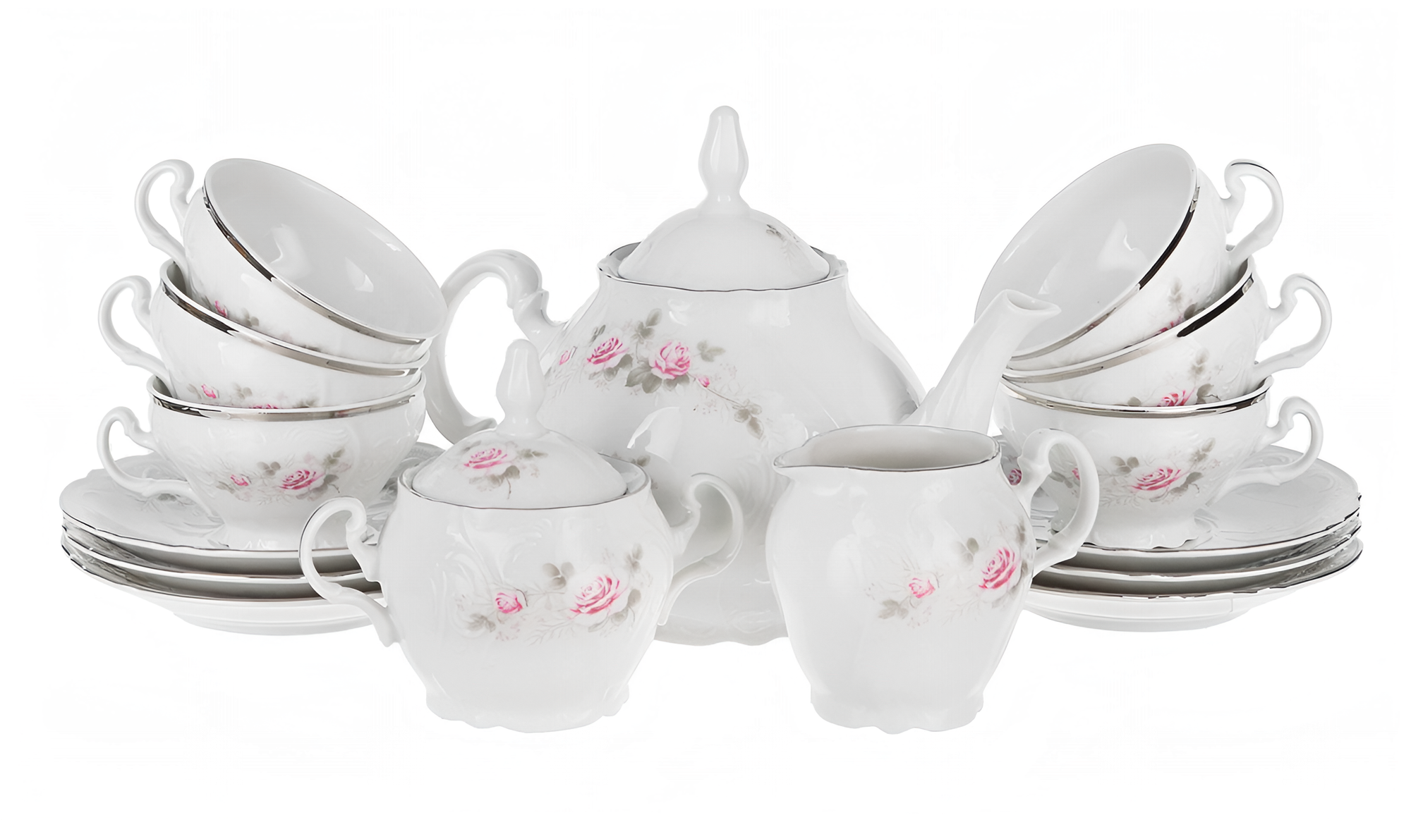Чайный сервиз 6/9; "Bernadotte", декор "Бледные розы, отводка платина", Thun/ БТФ0314
