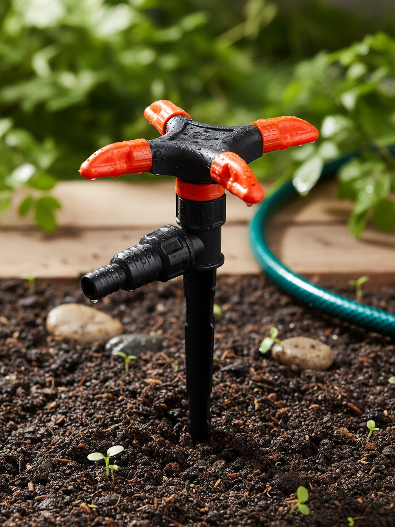 Разбрызгиватель четырехлепестковый Grandy для полива сада и огорода, быстросъемный дождеватель на ножке, черный с красным