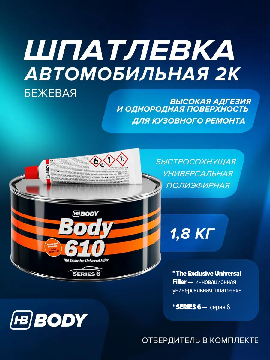 Шпатлевка автомобильная 1,8 кг 2К бежевая полиэфирная с отвердителем/ HB BODY 610 / автошпатлевка