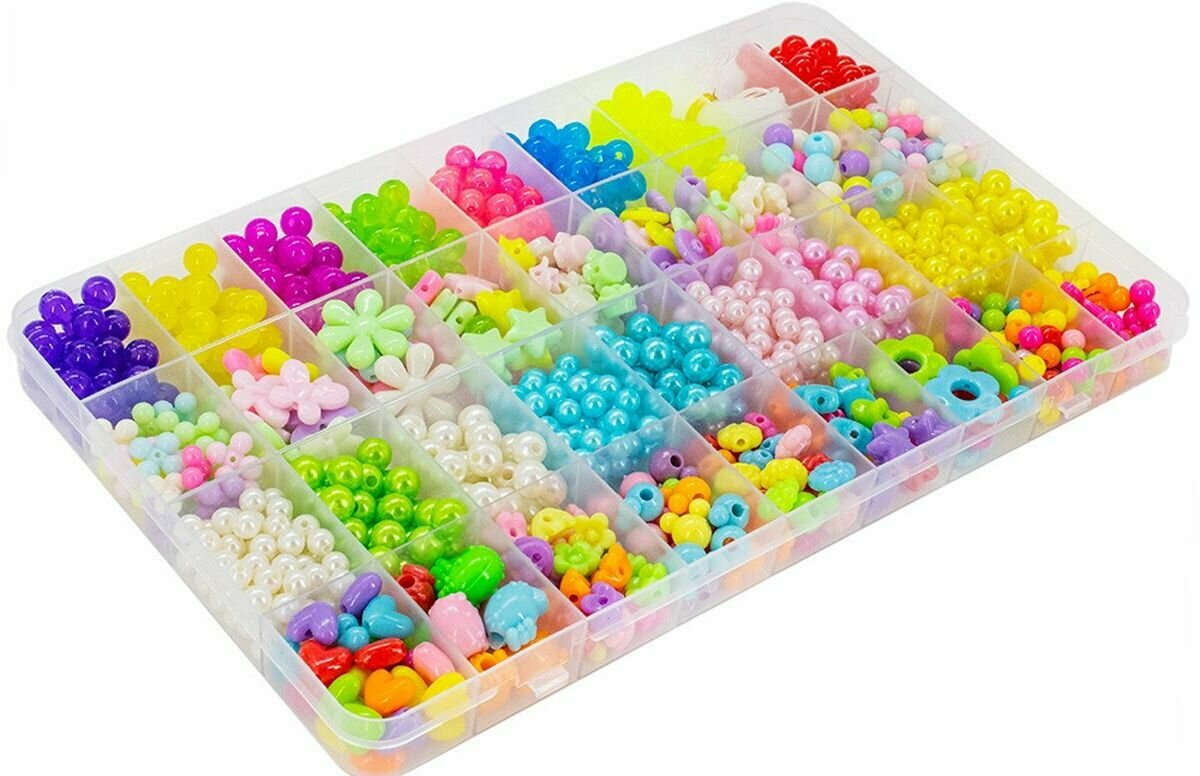 Набор разноцветных бусин для детского творчества в коробке, органайзер с круглыми и фигурными бусинками, делаем украшения своими руками, плетение браслетов, подарок для девочки