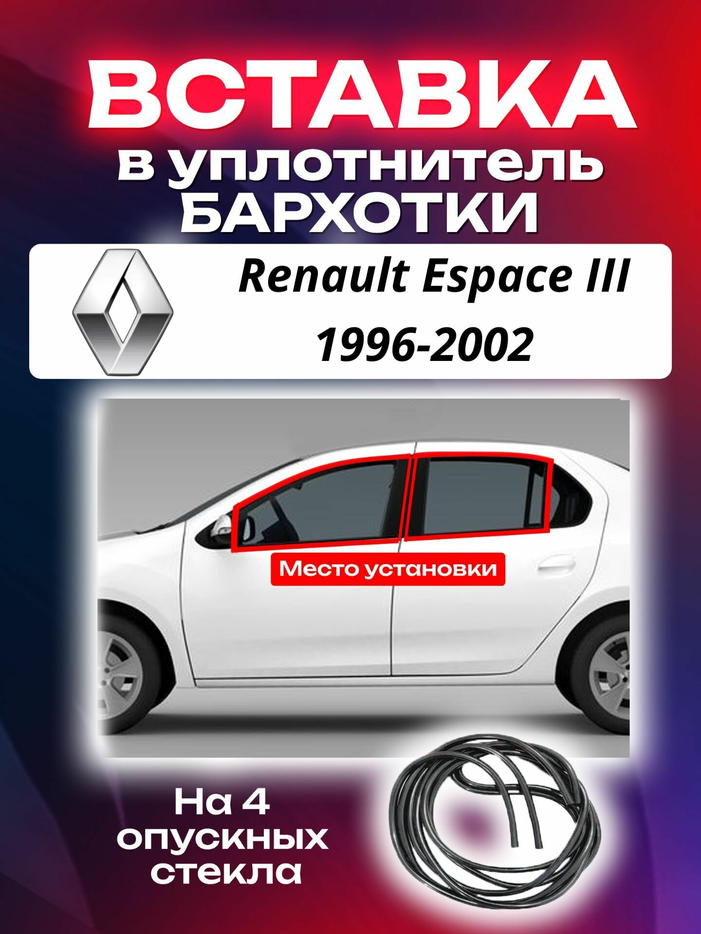 Вставка в уплотнитель бархотки стекла автомобиля Renault Espace III (1996-2002)/ Рено Эспайс 3 поколение