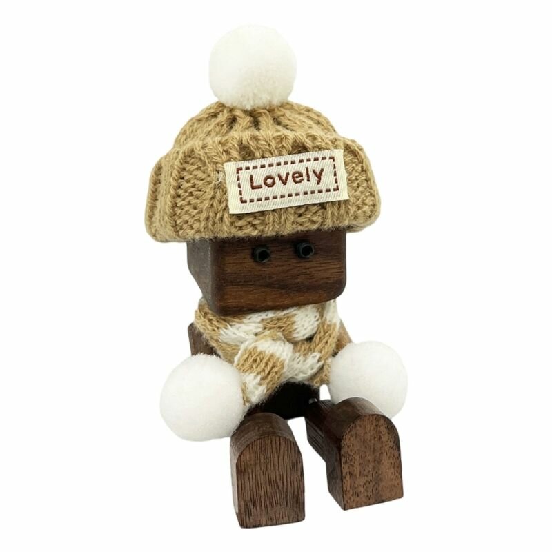 (1 шт.) Деревянная автомобильная фигурка "Человечек" с вязаной шапкой и шарфом - коричневый, черный орех