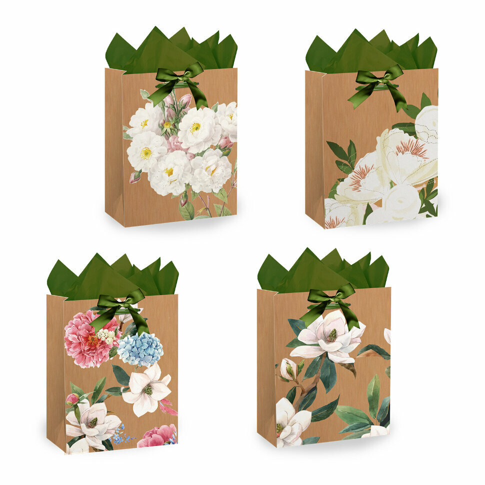 Пакет подарочный (1 штука) 18х10х23 см (M), "Flowers", ассорти, глиттер, c тишью, золотая сказка, 700808, 24 штук, 700808