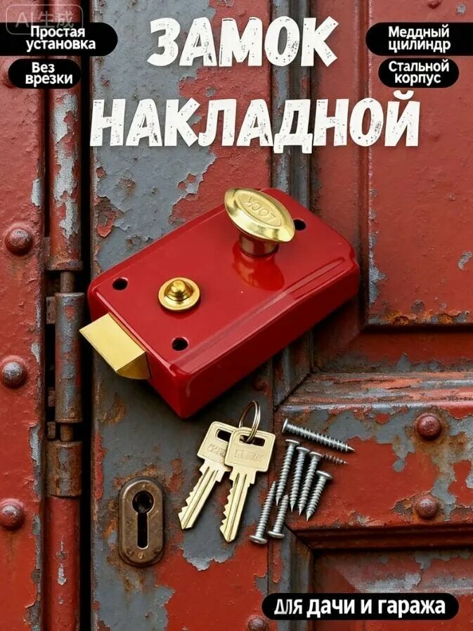 Замок дверной накладной с ручкой, красный (для дверей до 40 мм), замок для деревянной и металлической двери, гаражный, 2 ключа