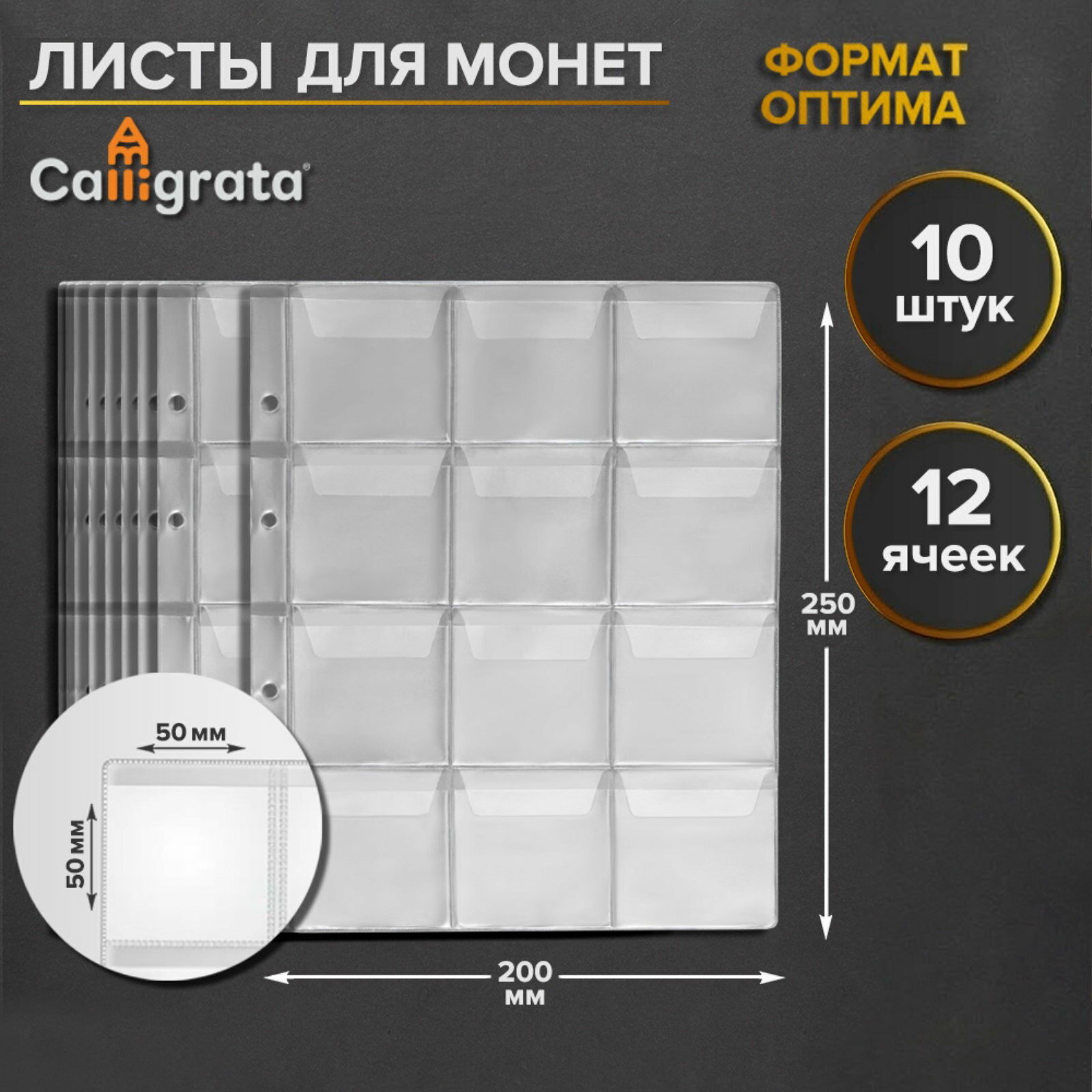 Набор листов для монет, формат "Оптима", 10 листов 200x250 мм, на 12 ячеек 50x50 мм