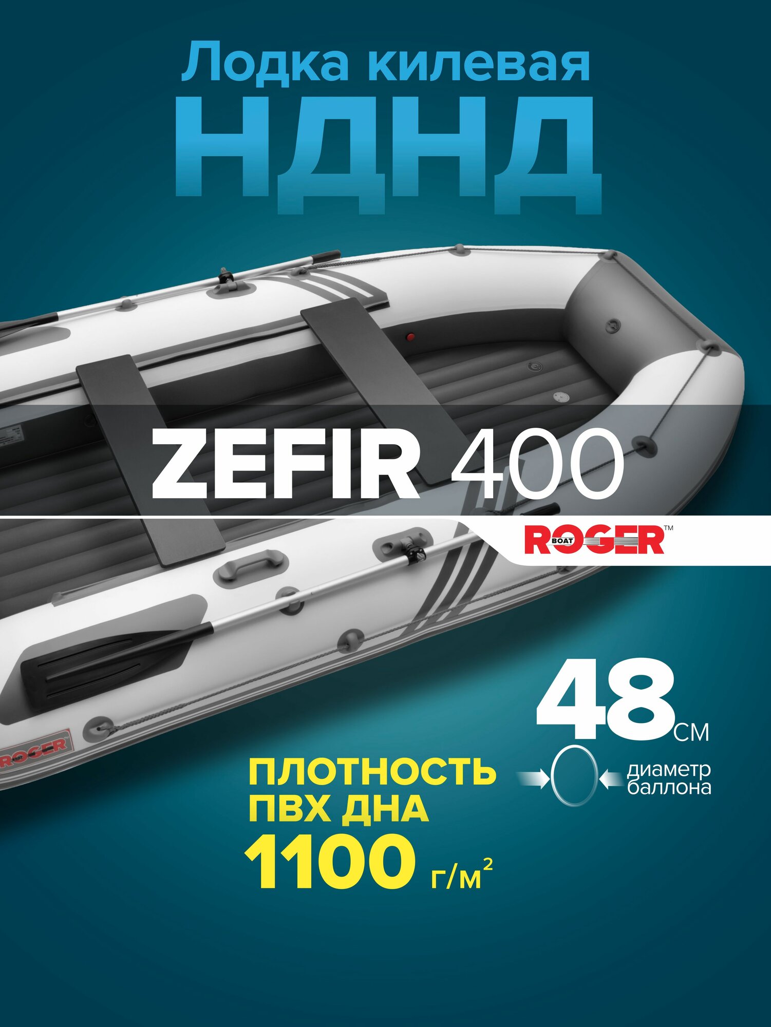 Лодка ПВХ под мотор ROGER Zefir 400, надувная для рыбалки НДНД килевая (белый-графитовый)
