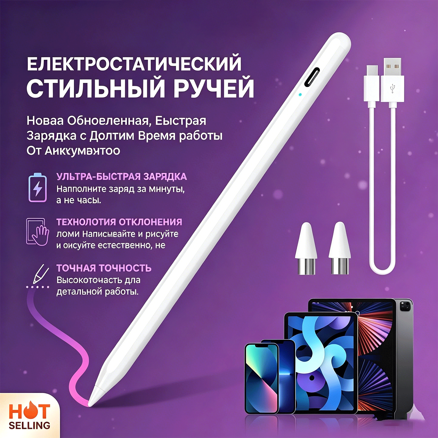 Стилус для iPad, Apple Pencil, емкостный, с наконечниками, для сенсорных дисплеев