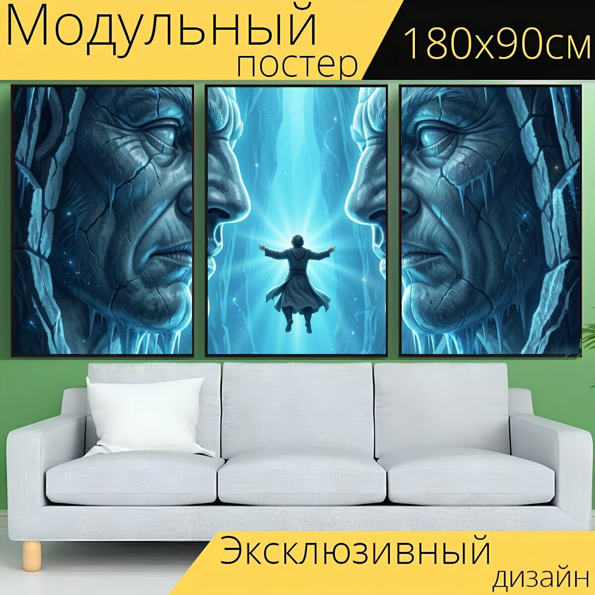 Модульный постер "Ледяная пещера с древними лицами. Фэнтезийный снежный грот в холодных сине-голубых тонах: гигантские каменные лики." 180 x 90 см. для интерьера на стену в тубусе