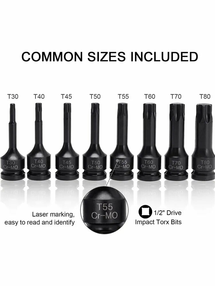 Набор головок-бит TORX ударных 8пр. 1/2" (T30, Т40, Т45, Т50, Т55, Т60, Т70, T80)