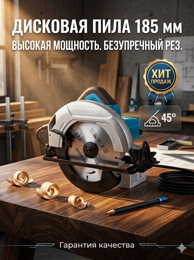 Циркулярная пила, 1600Вт, 185 мм,5500об/мин, глубина пропила 65 мм
