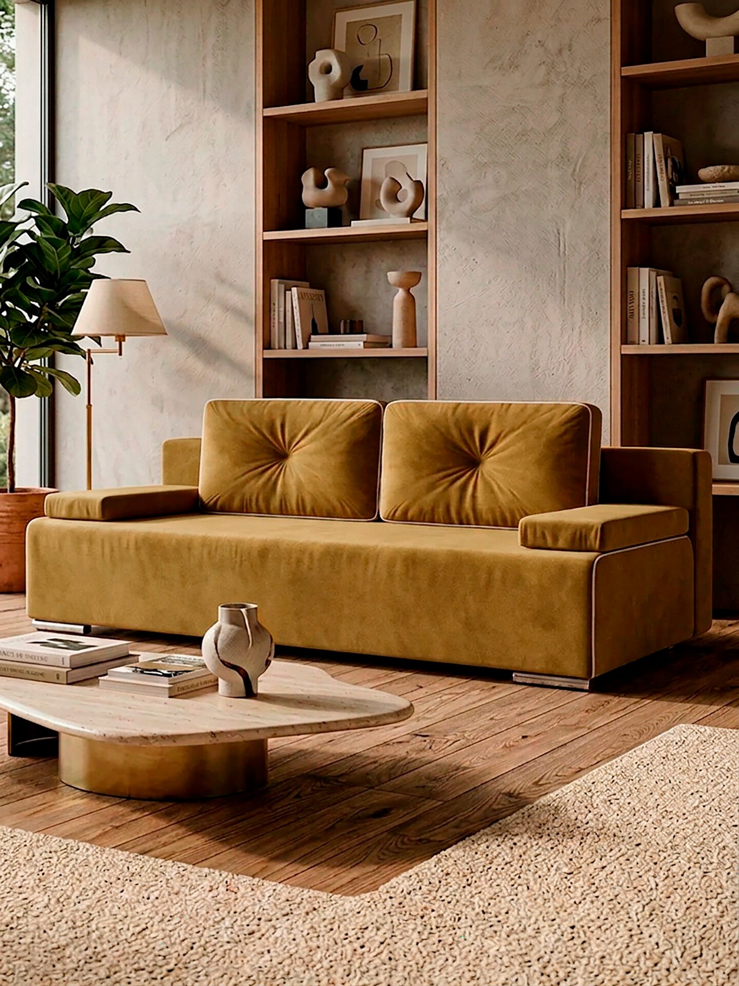 Диван Фрог Лайт Velutto 56 NOW 200x91x80 см, желтый Велютто, еврокнижка Фиеста