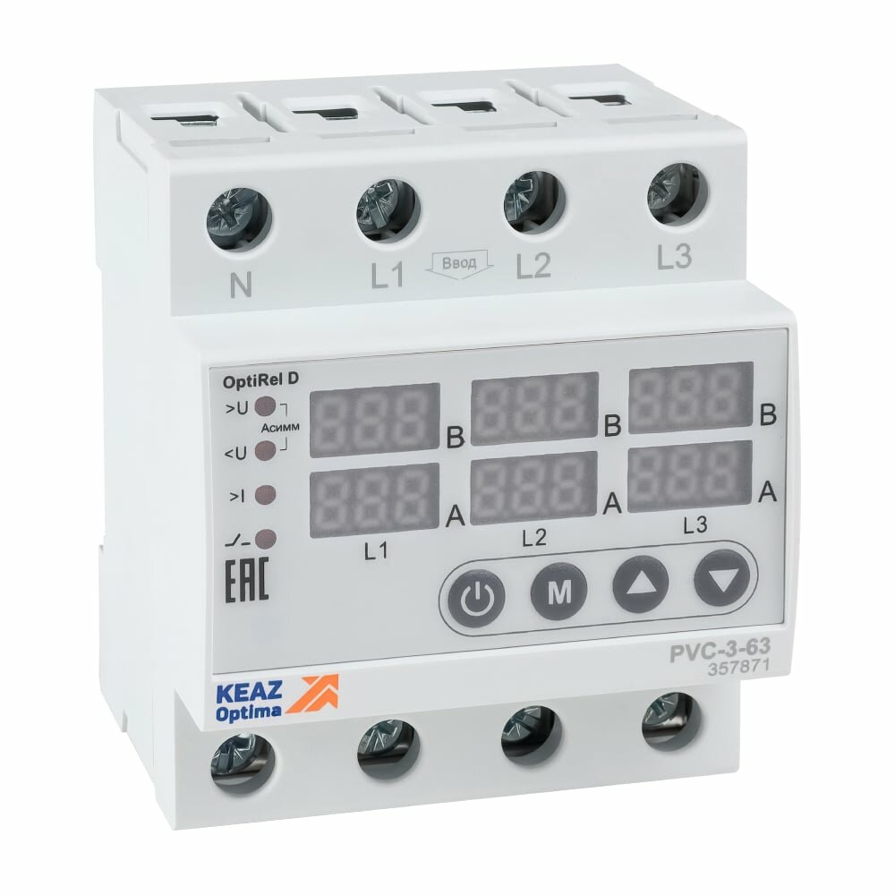 Реле напряжения Кэаз OptiRel D PVC-3-63 с ЖК-дисплеем и контролем тока 3Ф 63 А 357871