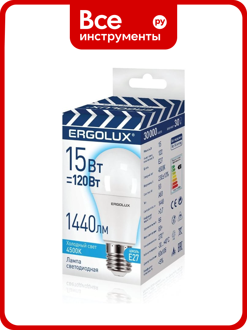 Электрическая светодиодная лампа Ergolux LED-A60-15W-E27-4K ЛОН 15Вт Е27 4500К 13638