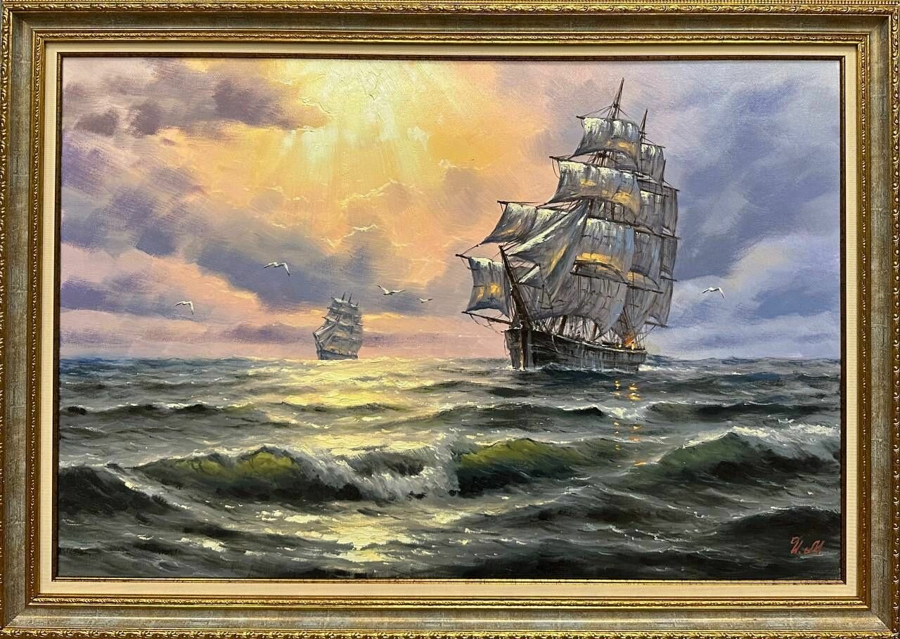 Картина маслом, морской пейзаж "Парусники в море" 1. Холст/Масло 2024. Размер 60х90. Автор Ильин Максим.