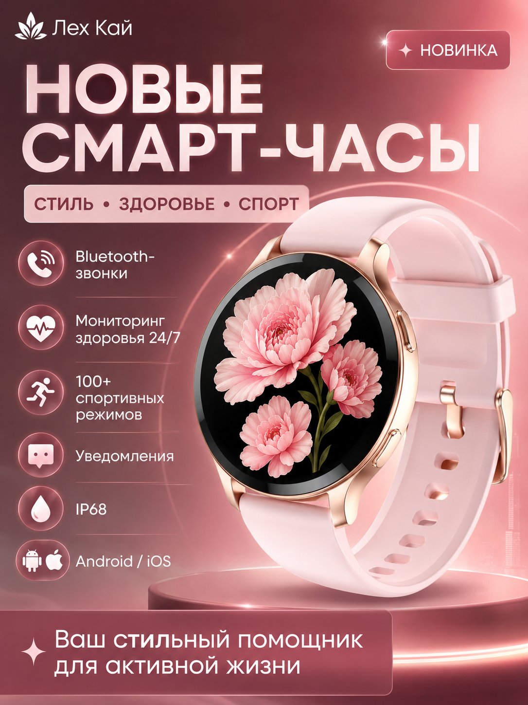 Смарт-часы Лех Кай Watch, пульсометр, мониторинг сна, IP68, золотистые