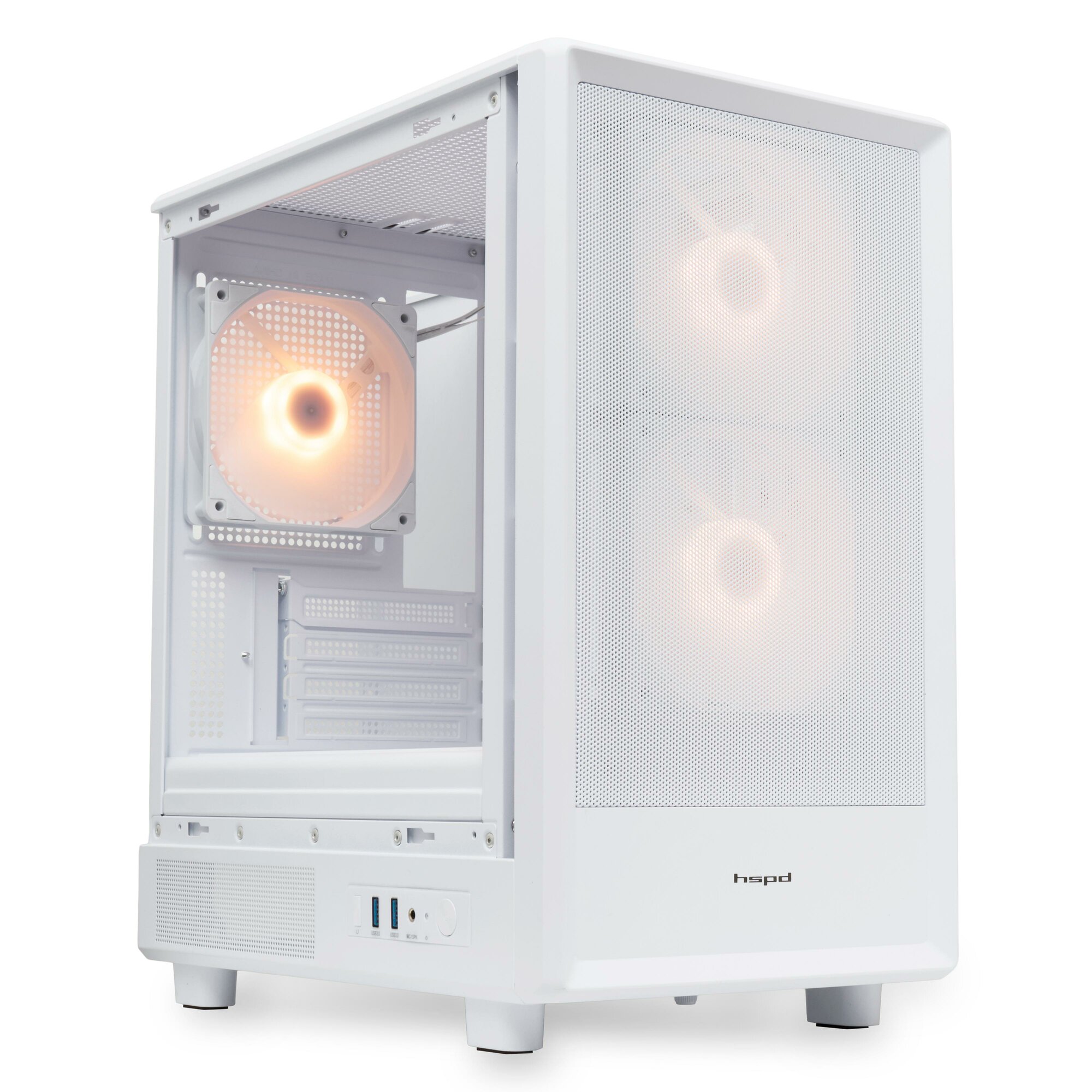 Корпус без блока питания/ HSPD M310, Mesh Mini-tower, White, TG, 0.4 SPCC, 3x120mm ARGB mATX, mITX 180/280/160mm 1x2.5", 1x3.5", 4xPCI 2xUSB