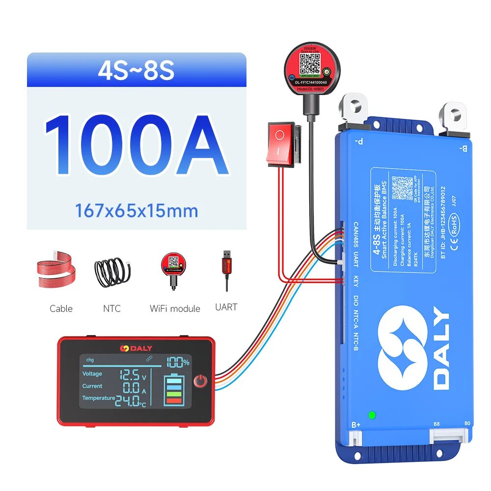 DALY BMS 4S-8S 100A WIFI 3LCD для LiFePO4