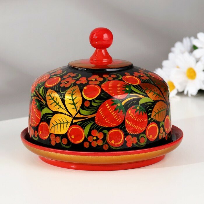 Масленка с крышкой, 15х12 см, хохлома, разноцветная, масленка дерево