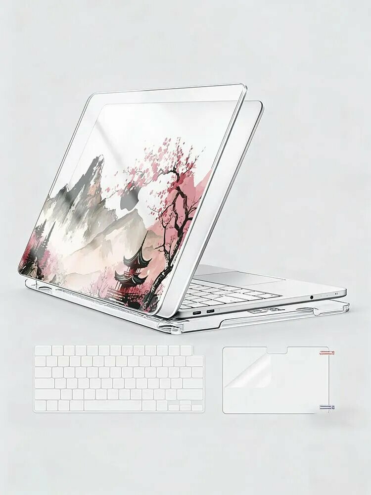 Прозрачный чехол с 3D-акварельным принтом для MacBook Neo A3404 13 (2026), в комплекте: крышка клавиатуры и пленка для экрана