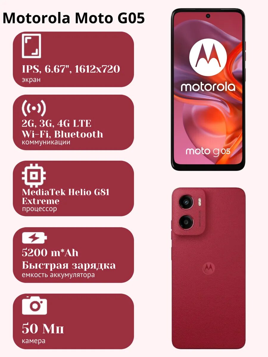 Смартфон Motorola Moto G05, IPS экран, 6,67", Android 15, камера 50 МП, 128ГБ памяти РСТ