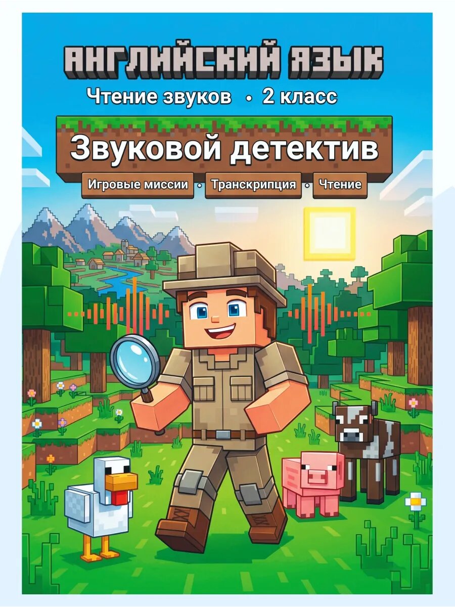 Чтение звуков по английскому языку после 1 класса "Майнкрафт" — подготовка ко 2 классу, формат А4, 16 страниц