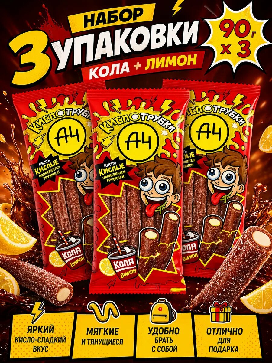 А4 "Кисло трубки" со вкусом кола лимон 3 шт по 90 гр, сладкое к чаю и кофе