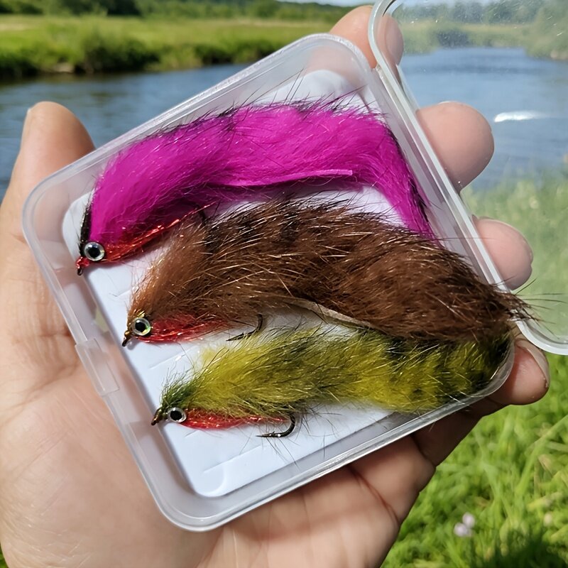 Нахлыстовые мушки-стримеры из кроличьего меха с имитацией пиявки, нимфы и наземные мушки, сухие и мокрые, для форели, окуня и лосося, для пресной и морской воды, 3 шт. в упаковке (три цвета)