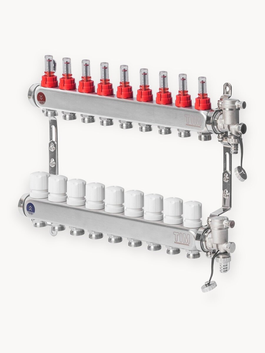 Коллекторный блок TIM на 9 выходов из нержавеющей стали с регулирующими клапанами и расходомерами 1*3/4 ЕК