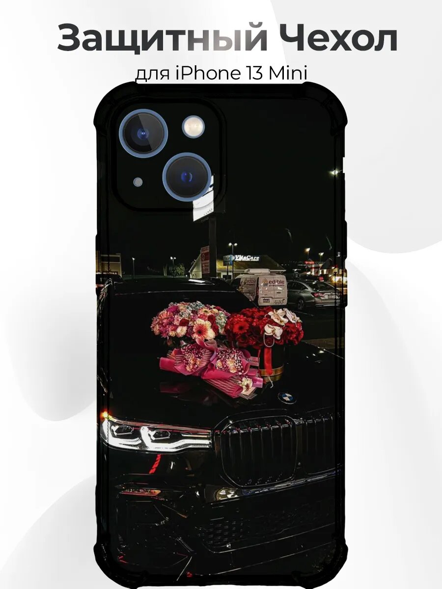 Чехол на iPhone 13 Mini Чёрный BMW X7 G07 с цветами