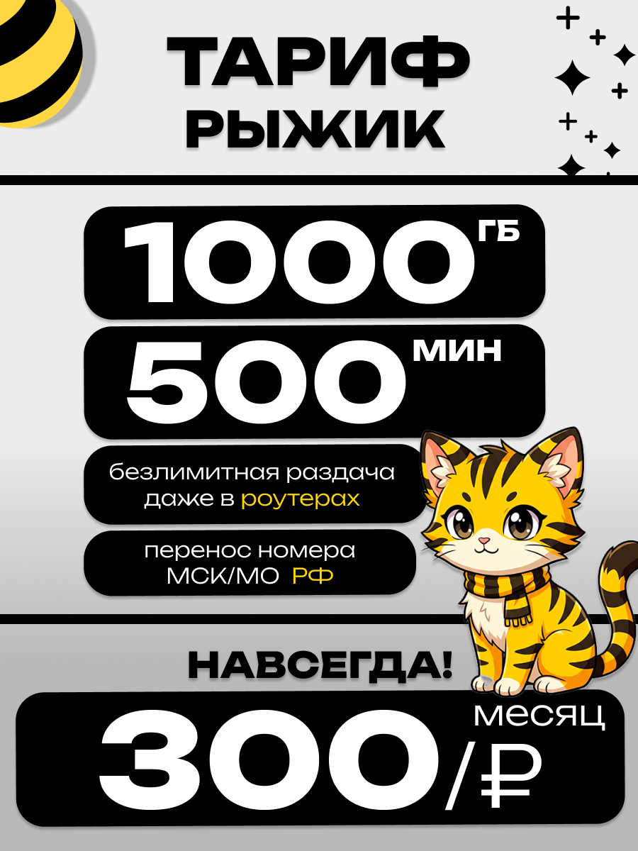 1000 Гб 500 мин 100 (+ 30 руб) смс за 300 рублей в месяц SIM карта beeline безлимитный для всех устройств