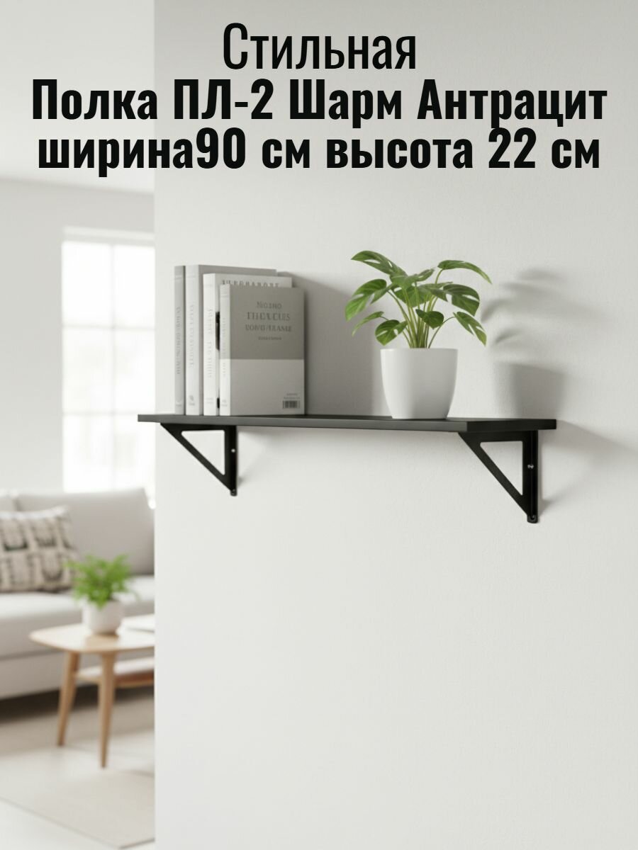 Полка ПЛ-2 Шарм Антрацит, ширина 90 см, полка для книг, на кухню, в спальню, в гостиную
