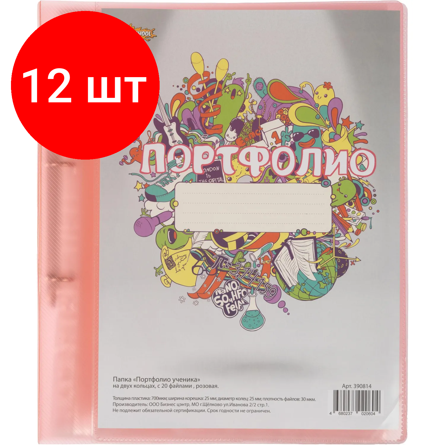 Комплект 12 штук, Папка Портфолио ученика на 2 ух кольцах, с 20 файлами, роз