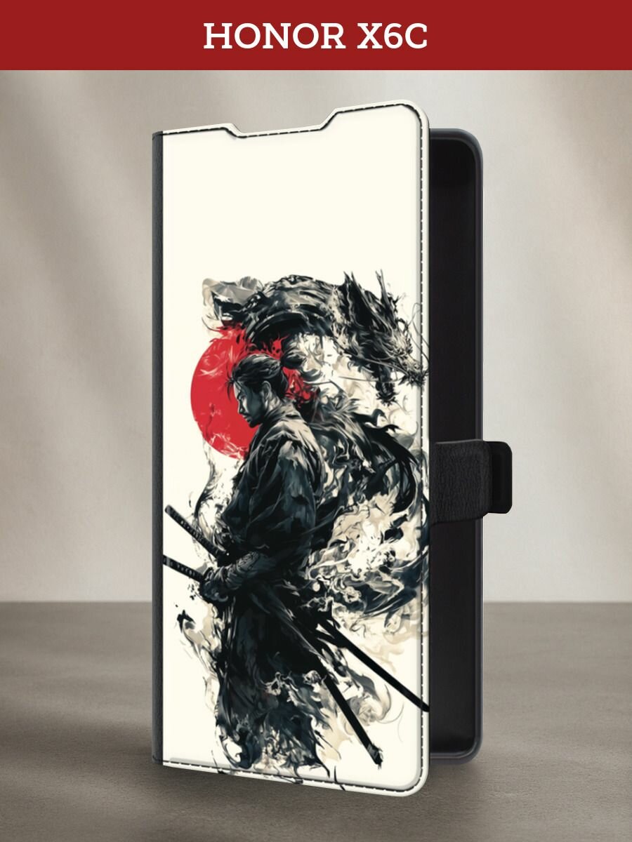 Чехол-книжка на Honor X6c / Хонор X6c с принтом Самурай и дракон, черный