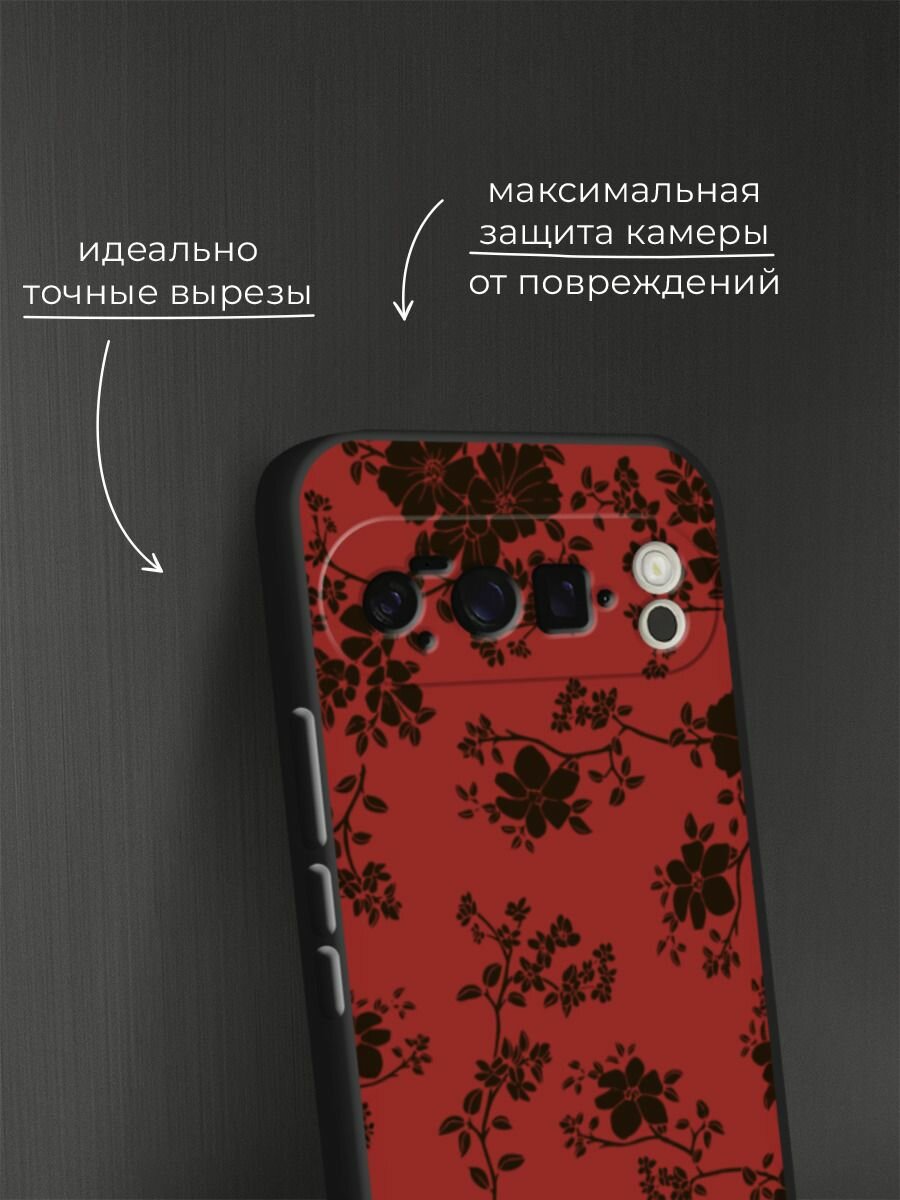 Черный матовый чехол на Google Pixel 10 Pro / Гугл Пиксель 10 Про с принтом Черные цветы на красном — фото 1