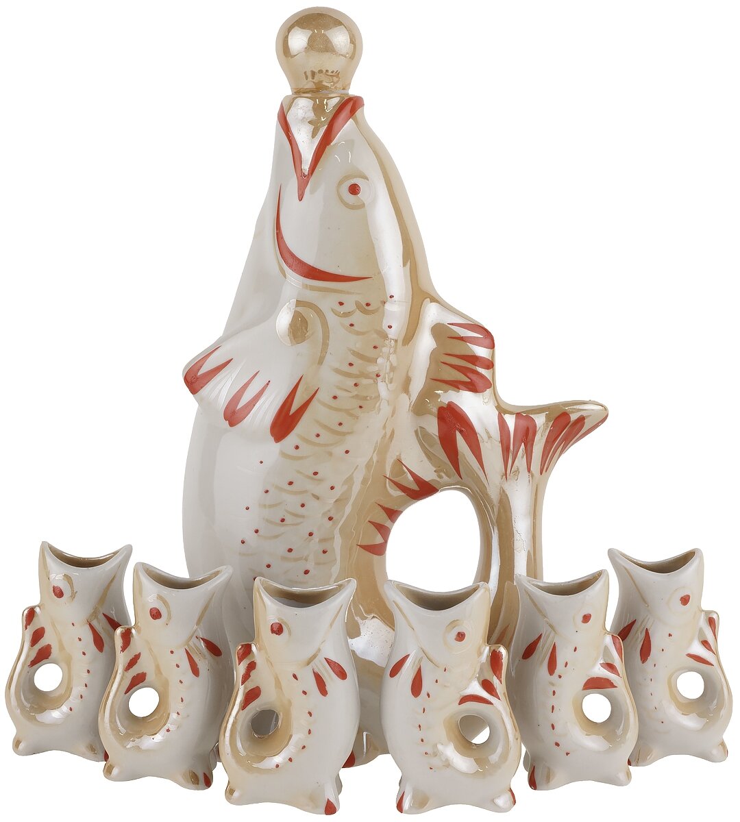 Графин и 6 стопок "Рыбы", штоф для водки бежевый, Фарфор, СССР, Полонное ЗХК, вторая половина 20 века