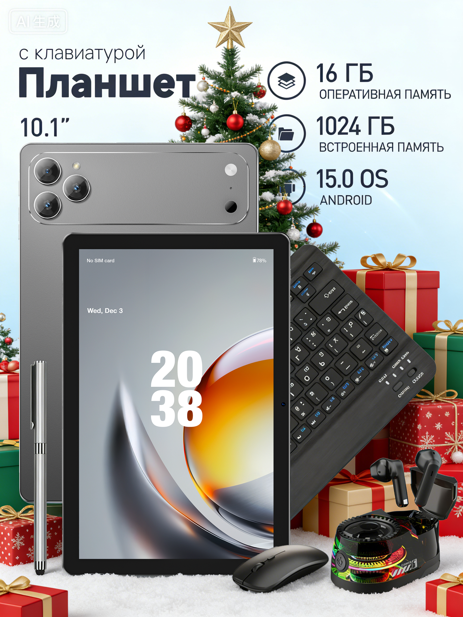 Планшет с клавиатурой, Динамик Bluetooth-гарнитуры WO17PAD,16ГБ/1ТБ,10,1 '10000мАч, Wi-Fi/SIM, Идеальный подарок, серый