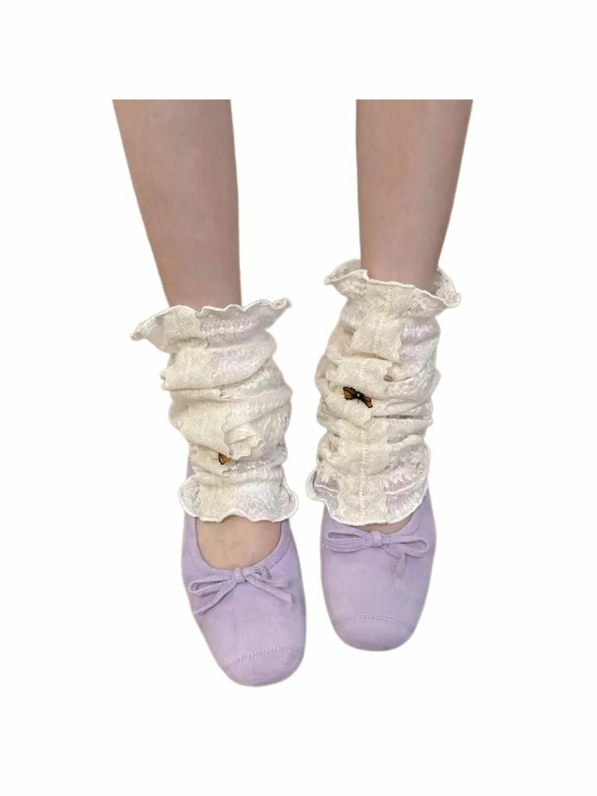 Женские гольфы с бантом и кружевом, Молочно - абрикосовый цвет